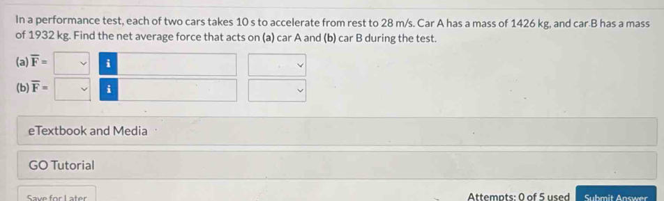Solved: In a performance test, each of two cars takes 10 s to ...