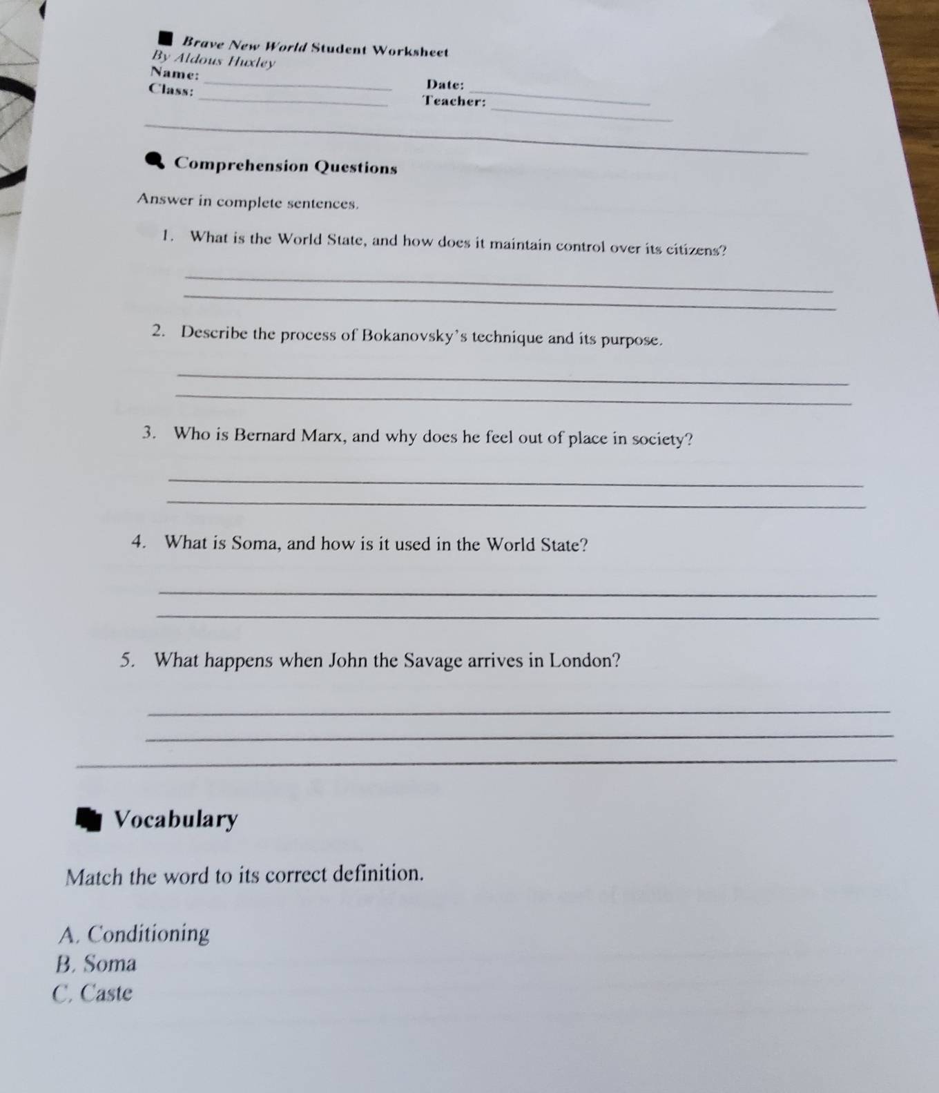 Solved: Brave New World Student Worksheet By Aldous Huxley _ Name: Date ...