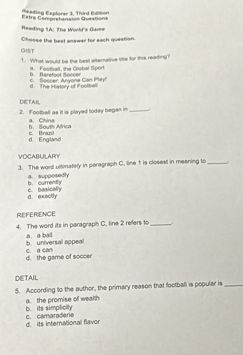 Solved: Reading Explorer 3, Third Edition Extra Comprehension Questions ...