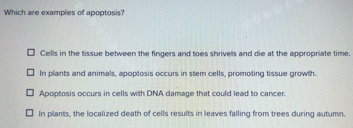 Solved: Which are examples of apoptosis? Cells in the tissue between ...