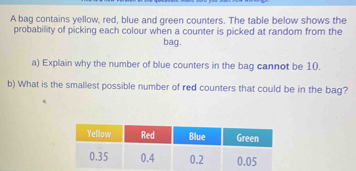 Solved: A bag contains yellow, red, blue and green counters. The table ...