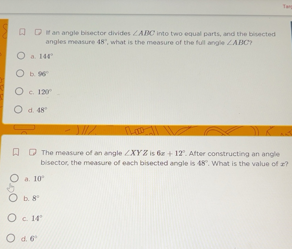 Solved: Tar If an angle bisector divides ∠ ABC into two equal parts ...