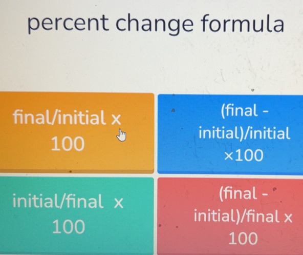 Solved: percent change formula final/initial x (final - 100 initial ...