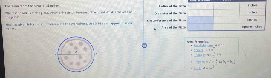 Solved: The diameter of the pizza is 14 inches Radius of the Pi What is ...