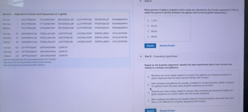 Solved: What percent of gibbon β-globin amino acids are identical to ...
