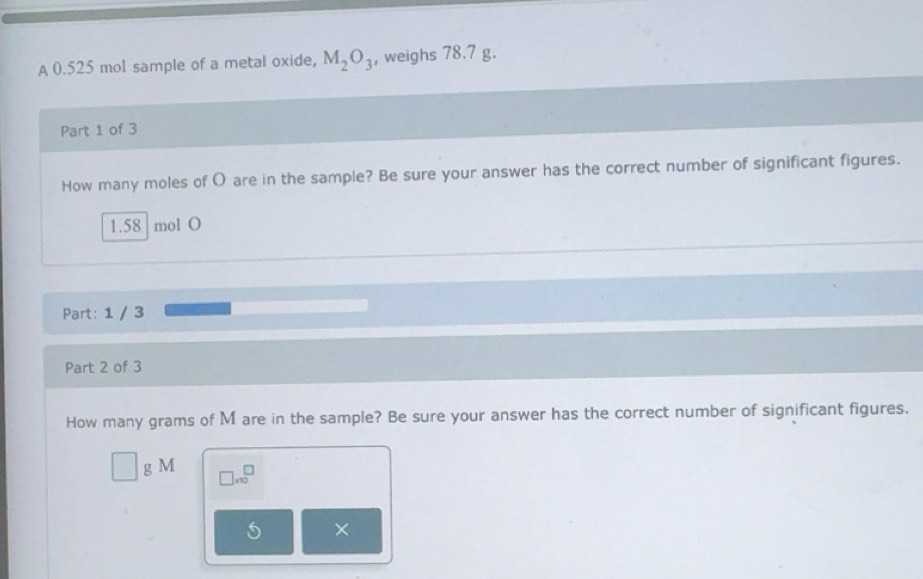 Solved: A 0.525 mol sample of a metal oxide, M_2O_3 , weighs 78.7 g ...