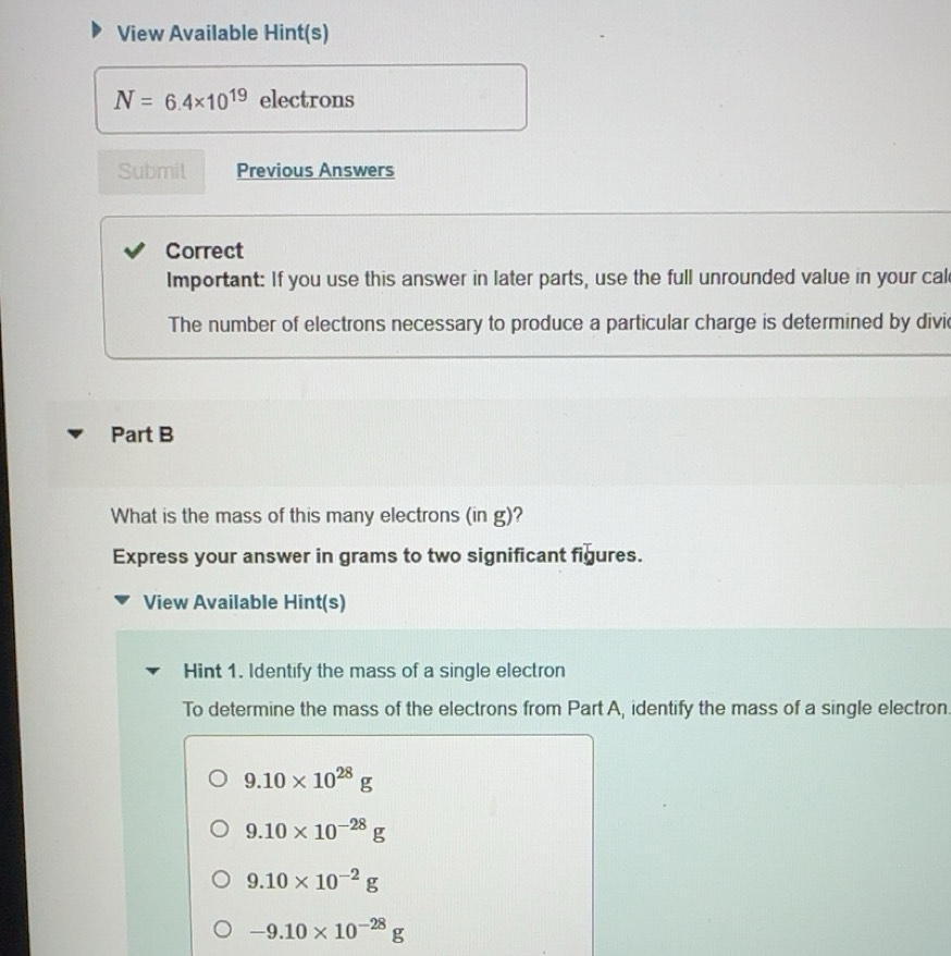 Solved: View Available Hint(s) N=6.4* 10^(19) electrons Submil Previous ...
