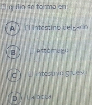 Resuelto:El quilo se forma en: A El intestino delgado B El estómago El ...