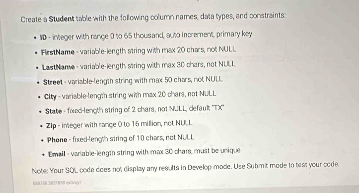 Solved: Create a Student table with the following column names, data types, and constraints: ID ...