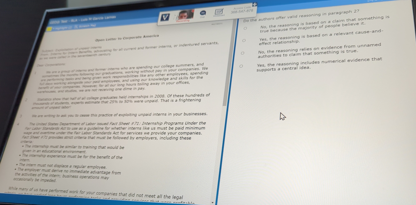 Solved: 368-547-878 GED@ Test - RLA - Luis M Garcia Lamas Access Code ...