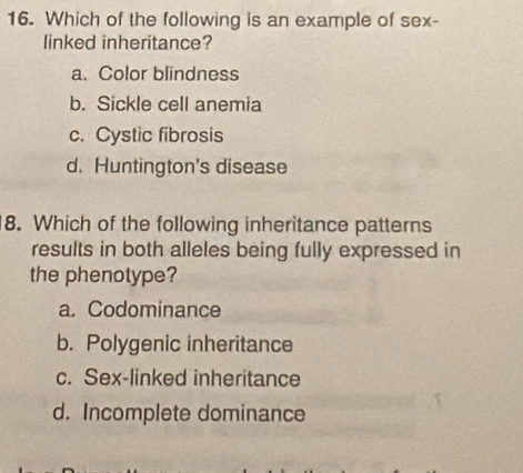 Solved: Which of the following is an example of sex- linked inheritance ...