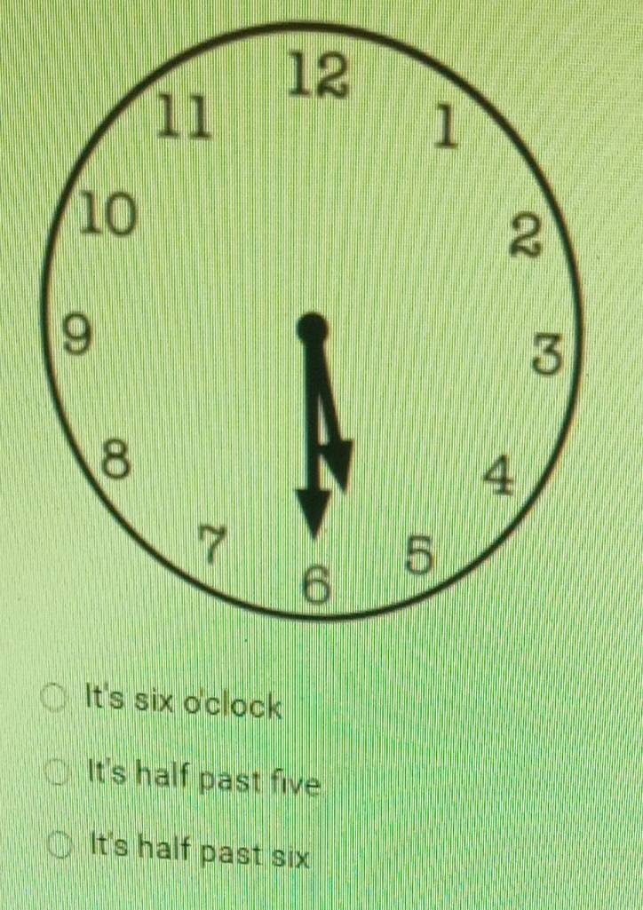 Resuelto:It's six o'clock It's half past five It's half past six