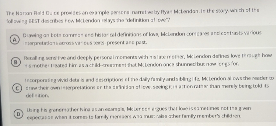 Solved: The Norton Field Guide provides an example personal narrative ...