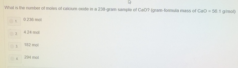 Solved: What is the number of moles of calcium oxide in a 238-gram ...