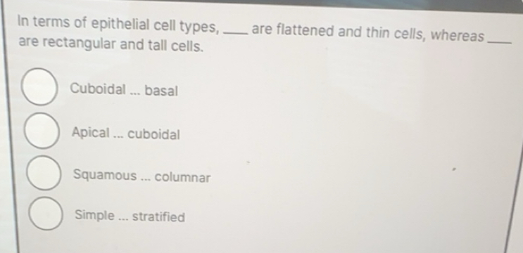 Solved: In terms of epithelial cell types, _are flattened and thin ...