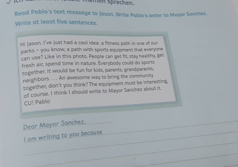 Gelöst:emen sprechen. Read Pablo's text message to Jason. Write Pablo's ...