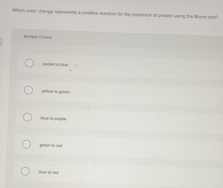 Solved: Which color change represents a positive reaction for the ...