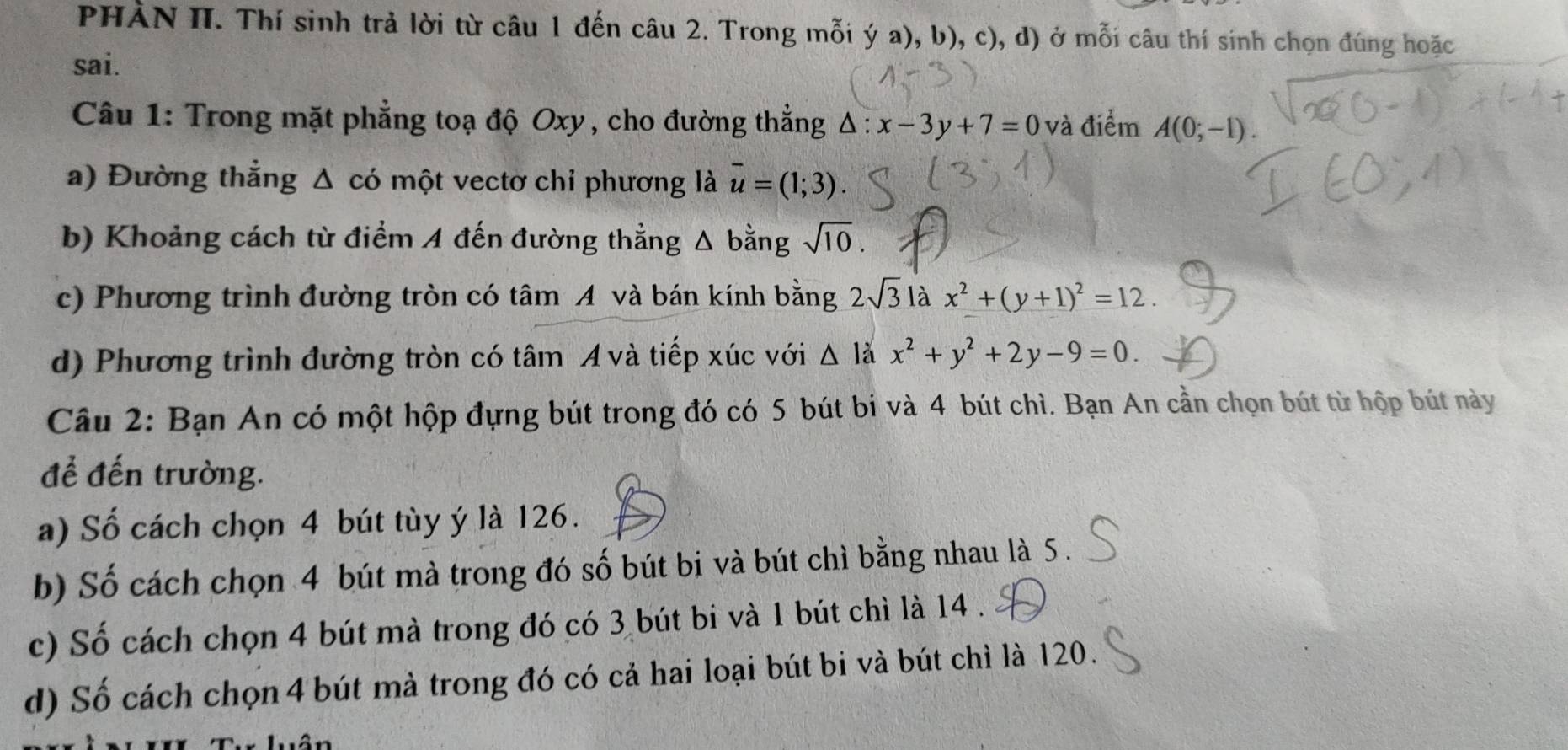 Giải quyết:PHẢN II. Thí sinh trả lời từ câu 1 đến câu 2. Trong mỗi ý a ...
