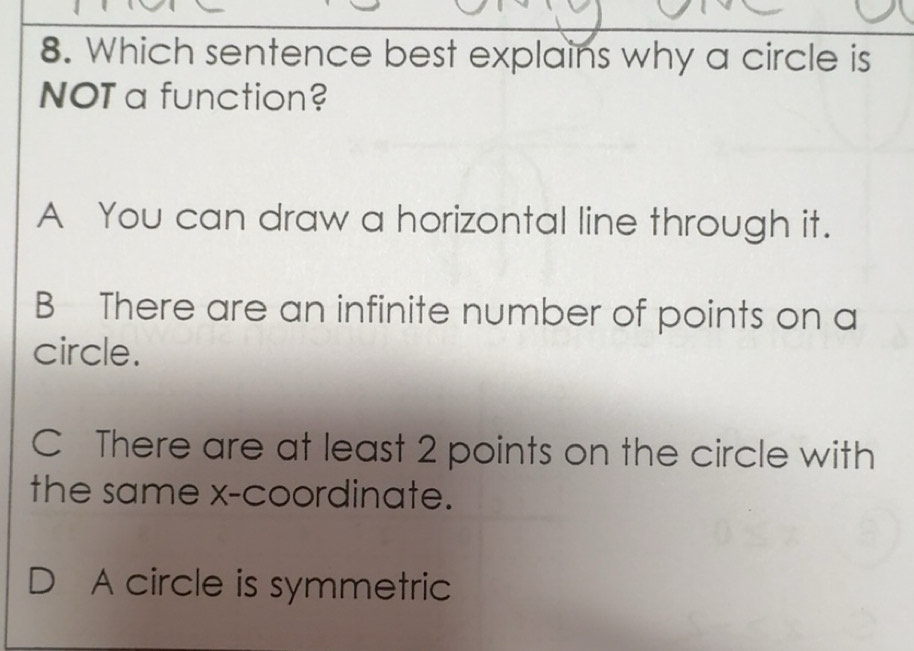 Solved: Which sentence best explains why a circle is NOT a function? A ...