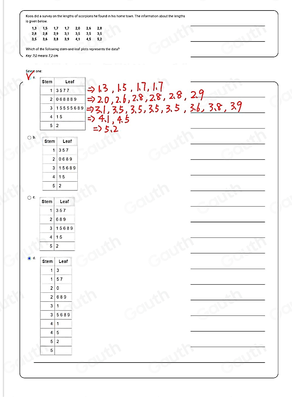 Solved: Koos did a survey on the lengths of scorpions he found in his ...