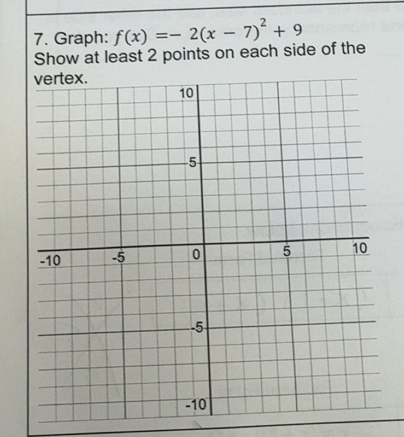 Solved: Graph: f(x)=-2(x-7)^2+9 Show at least 2 points on each side of ...