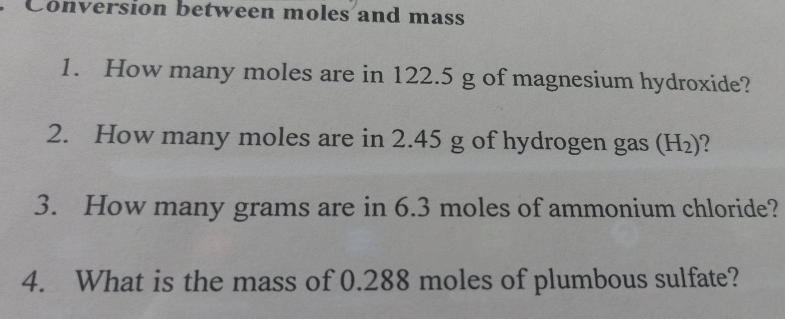 Solved: Conversion between moles and mass 1. How many moles are in 122. ...