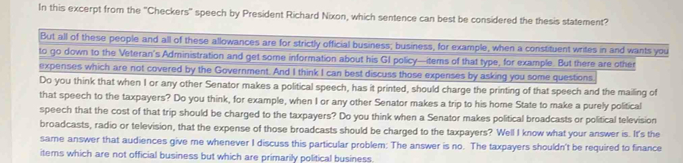 Solved: In this excerpt from the ''Checkers' speech by President ...