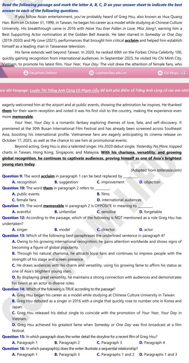 Giải quyết:Read the following passage and mark the letter A, B, C, D on ...