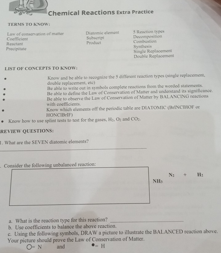 Solved: Chemical Reactions Extra Practice TERMS TO KNOW: Law of ...