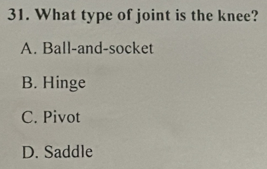 Solved: What type of joint is the knee? A. Ball-and-socket B. Hinge C ...