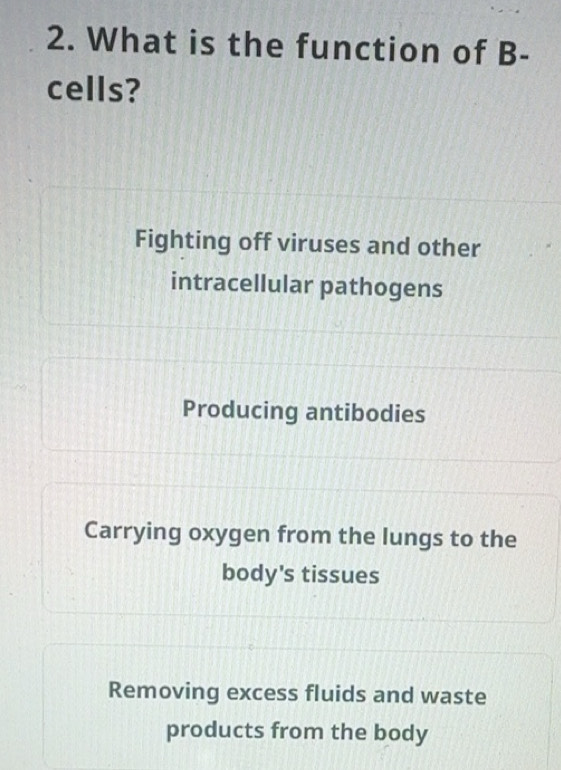 Solved: What is the function of B- cells? Fighting off viruses and ...