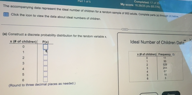 Solved: Completed: 17 of 25 Part 1 of 5 My score: 16.38/25 pts (65.5% ...