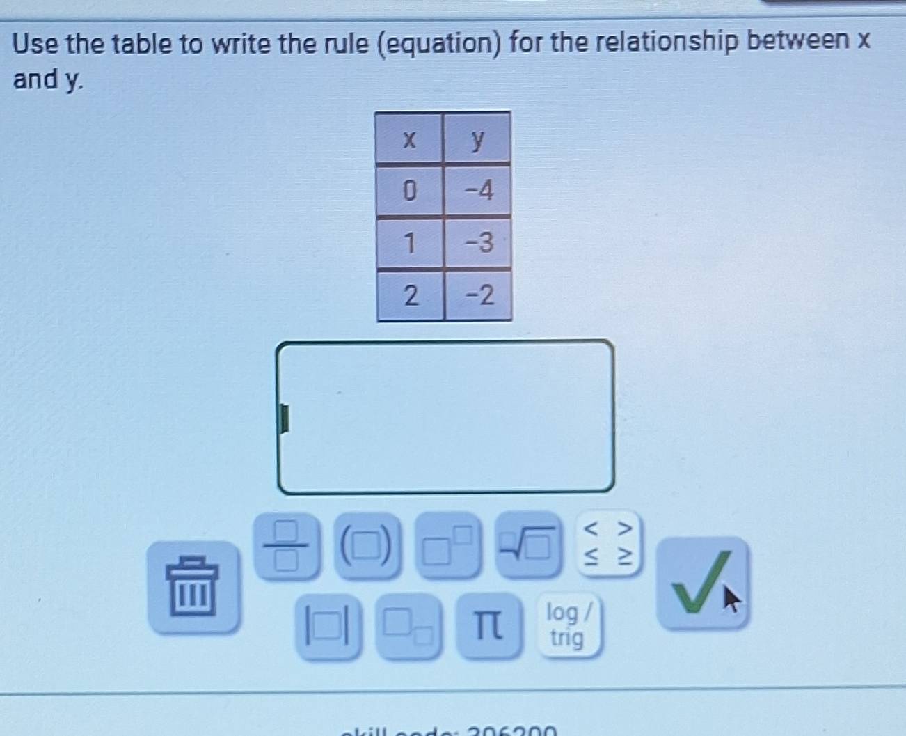 Solved: Use the table to write the rule (equation) for the relationship between x and y. / [Math]