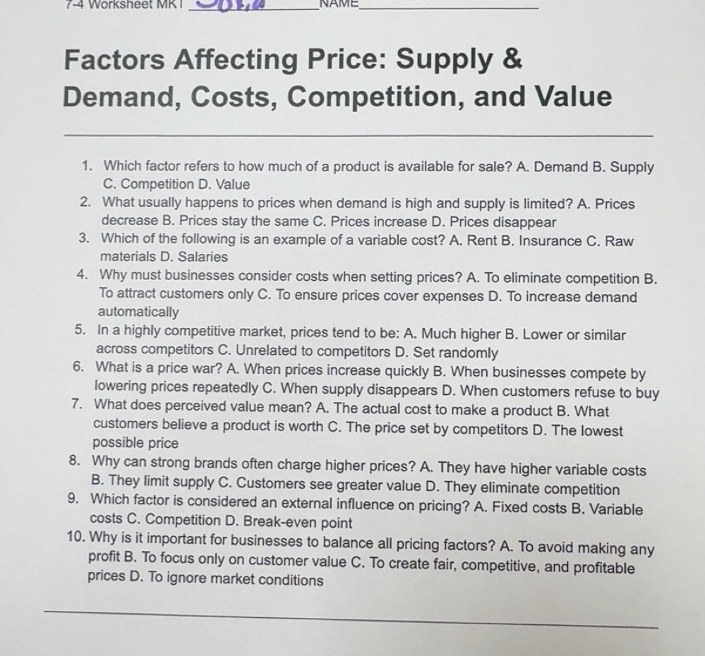 Resuelto:7-4 Worksheet MK I _NAME_ Factors Affecting Price: Supply ...