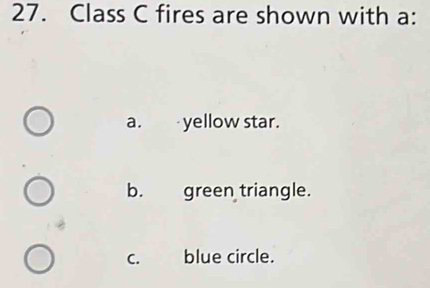 Solved: Class C fires are shown with a: a. yellow star. b. green ...
