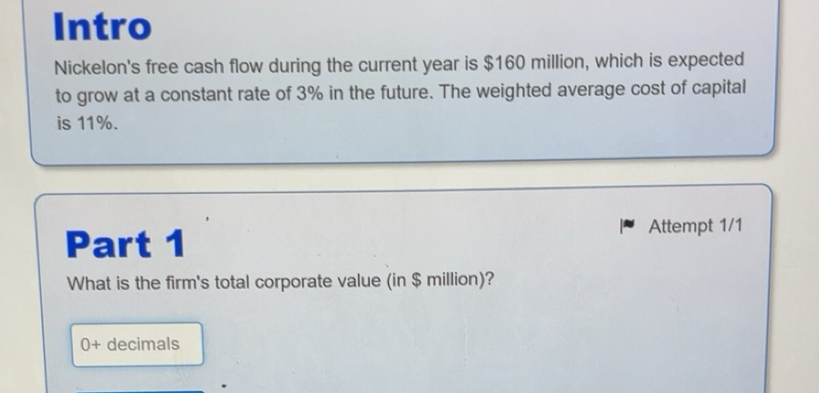 Solved: Intro Nickelon's free cash flow during the current year is $160 ...