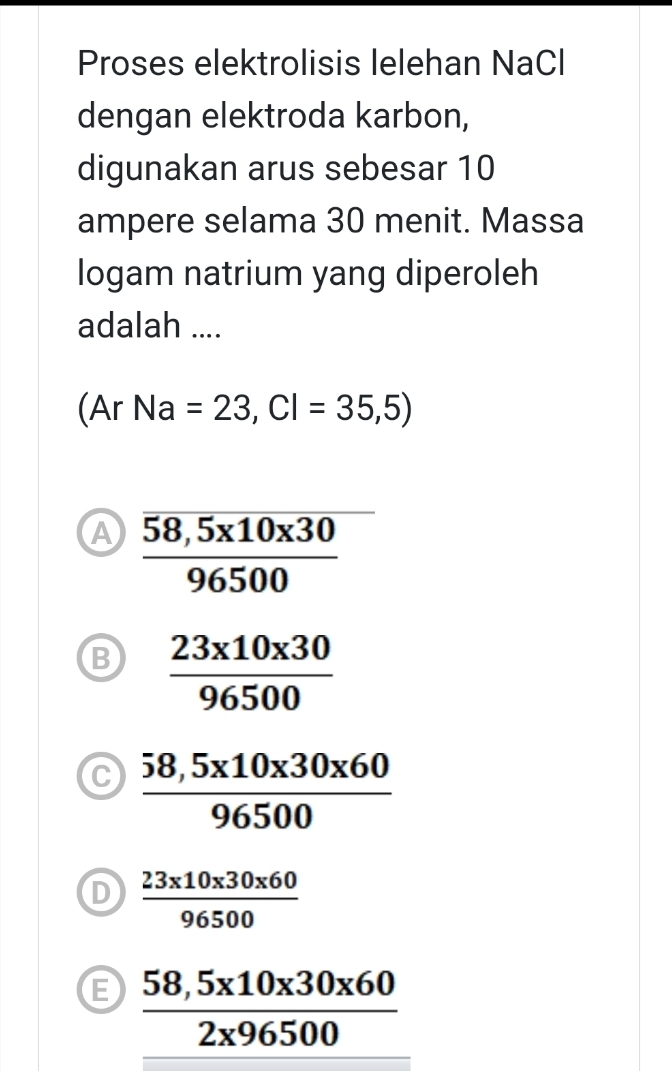 Telah dijawab:Proses elektrolisis lelehan NaCl dengan elektroda karbon ...
