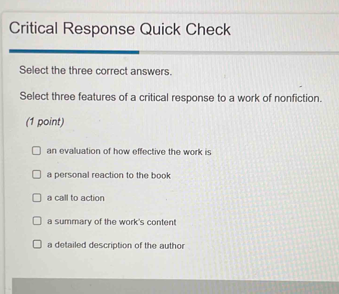 Solved: Critical Response Quick Check Select the three correct answers ...