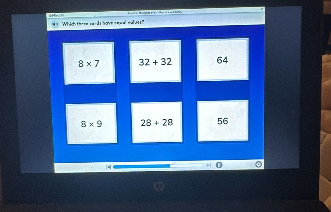 Solved: Ready Practice: Multiples of 8 — Practice — Level C × Which three cards have equal ...