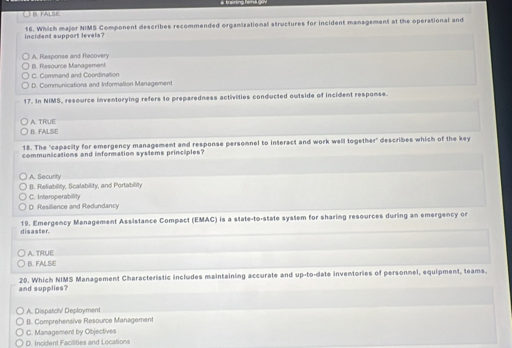 Solved: training.fema.gov B. FALSE 16. Which major NIMS Component ...