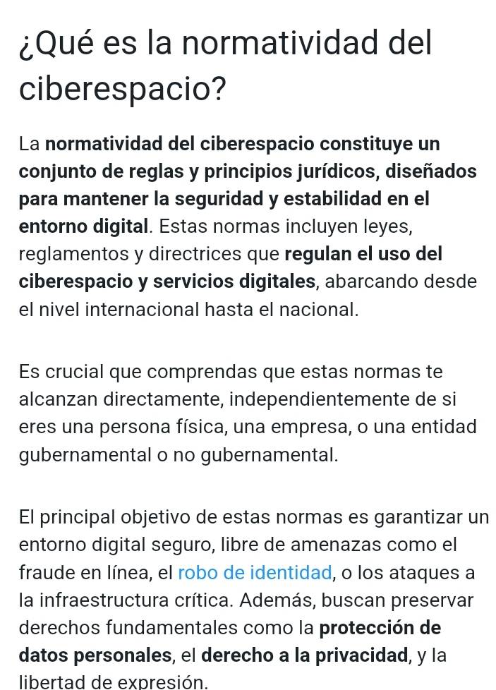Resuelto:¿Qué es la normatividad del ciberespacio? La normatividad del ciberespacio constituye un