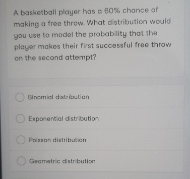 Solved: A basketball player has a 60% chance of making a free throw ...
