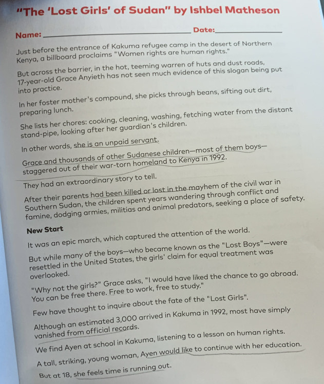 Solved: “The ‘Lost Girls’ of Sudan” by Ishbel Matheson Name:_ Date ...