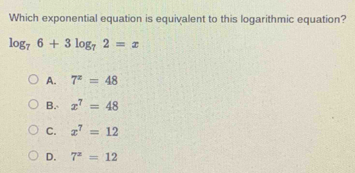 Which exponential equation is equivalent to this logarithmic equation ...