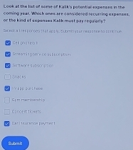 Solved: Look at the list of some of Kalik's potential expenses in the ...