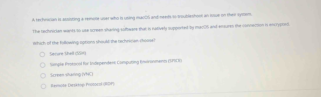 Solved: A technician is assisting a remote user who is using macOS and ...