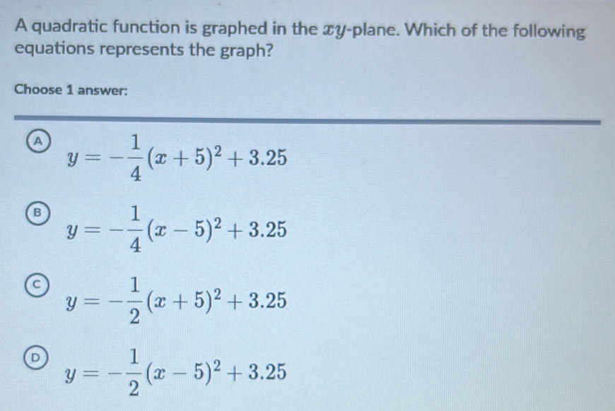 Solved: A quadratic function is graphed in the xy -plane. Which of the ...