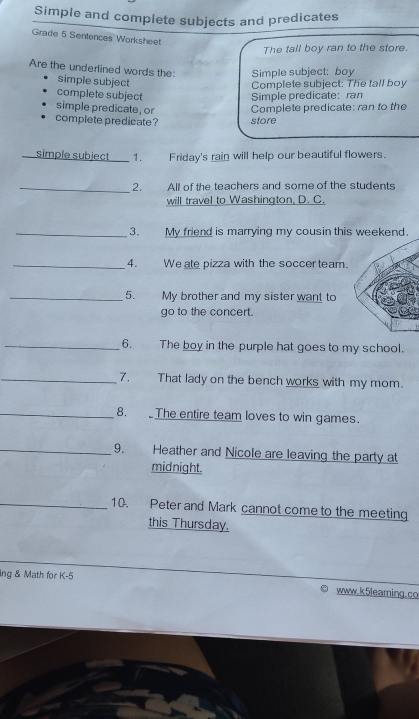 Solved: Simple and complete subjects and predicates Grade 5 Seniences ...