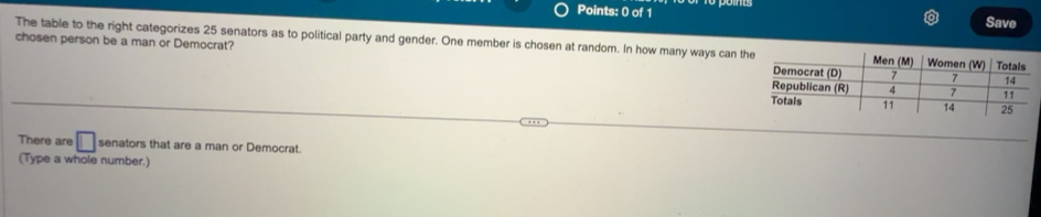 Solved: Save The table to the right categorizes 25 senators as to ...