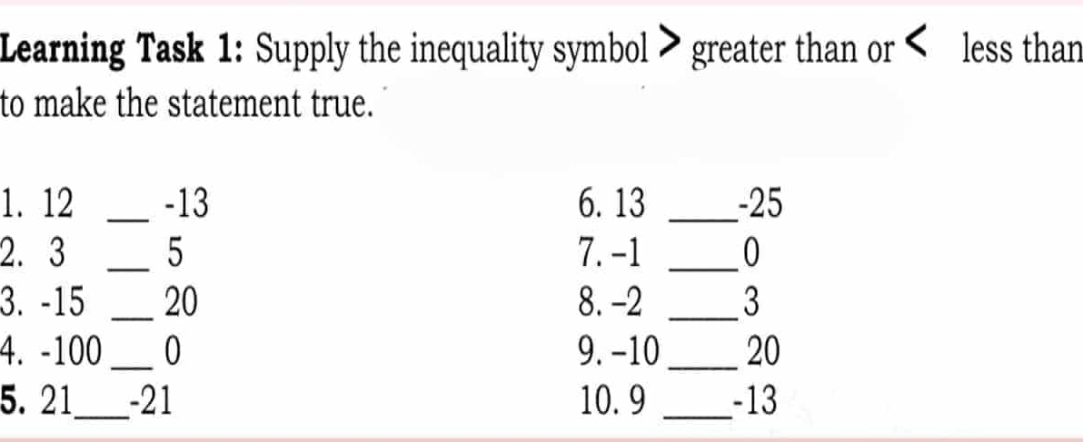 Solved: Learning Task 1: Supply the inequality symbol greater than or ...